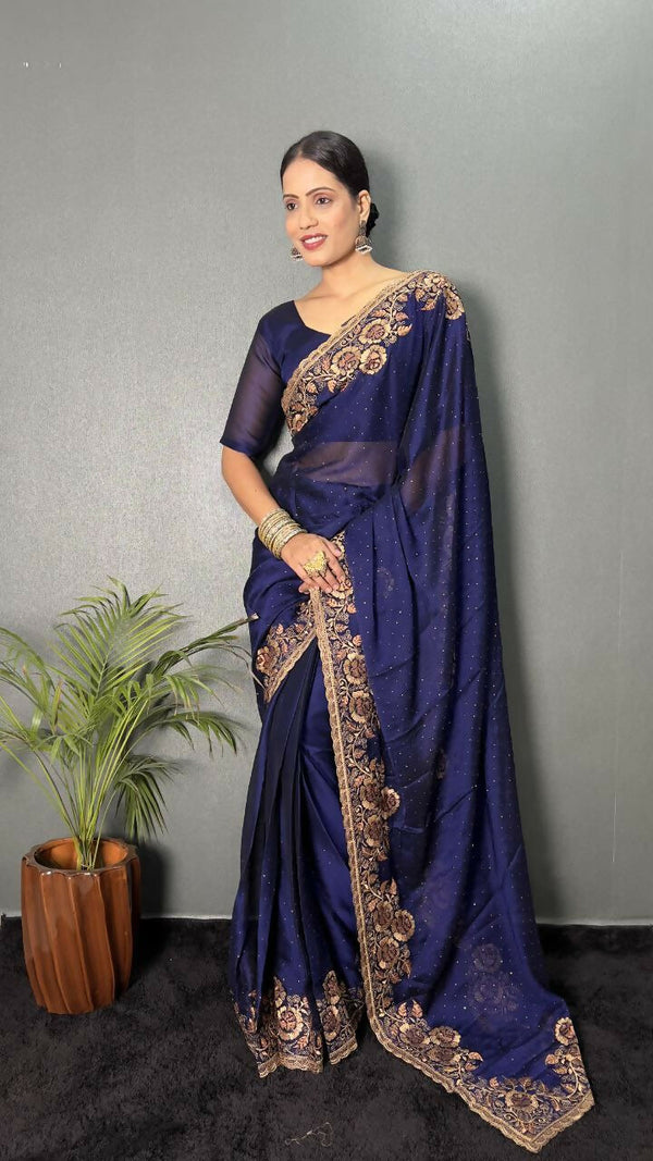 Buy Vastranavya Blue Rangoli Silk Zari work with DMC Swarovski work ...