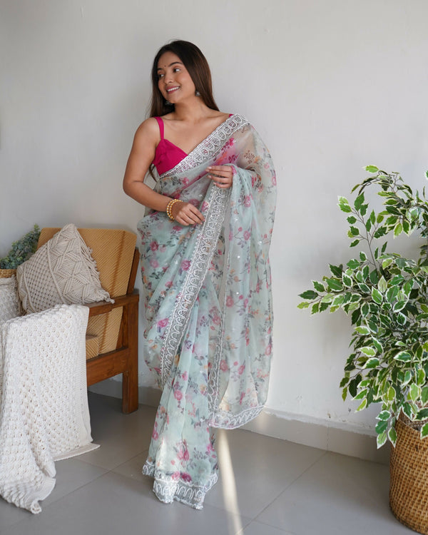 Buy Vamsee Ferry Green Organza Saree Online At Low Price