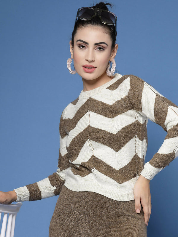 Buy Women Cream Acrylic Stripe & Solid Winter Co-Ord Set - Wool Trees ...