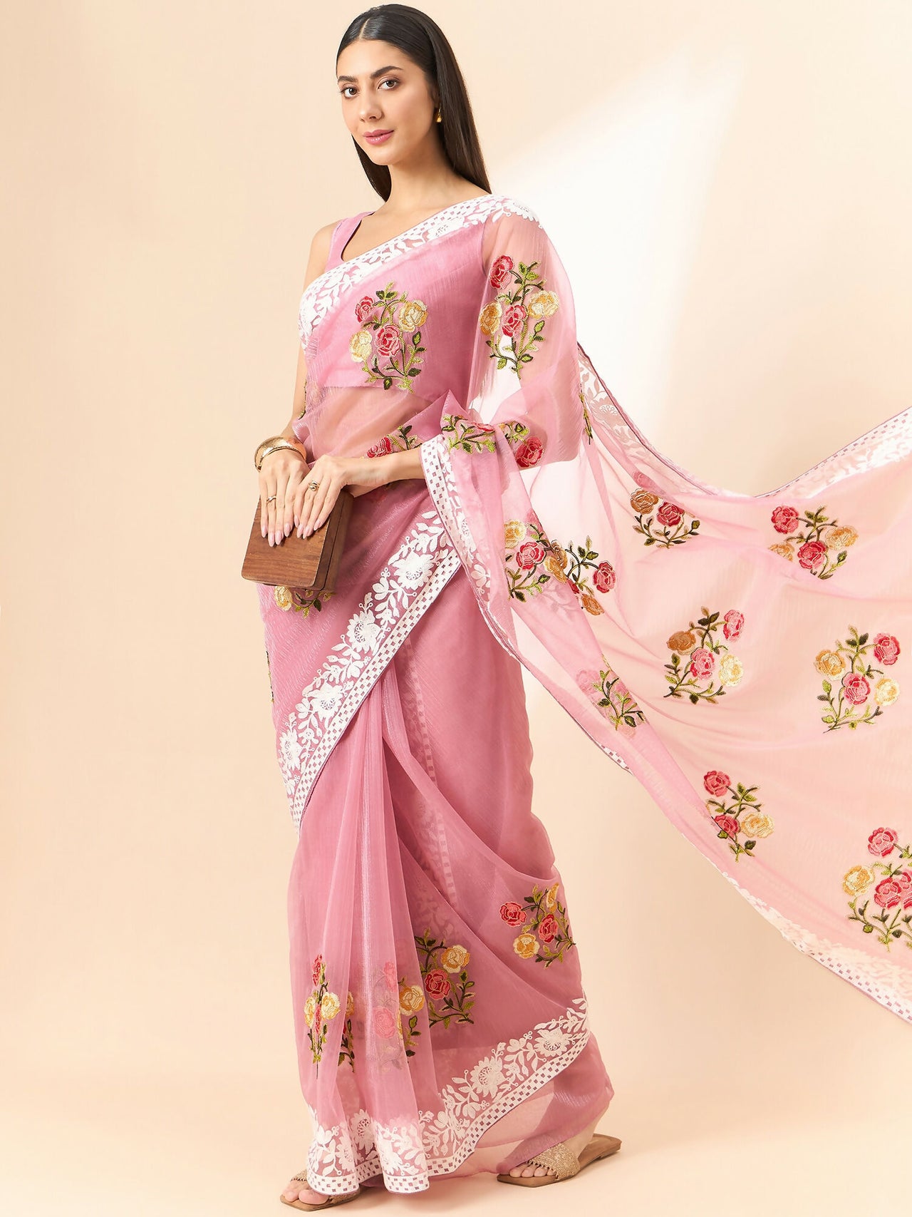 Buy Pink Organza Floral Embroidered Saree with Unstitched Blouse Piece ...