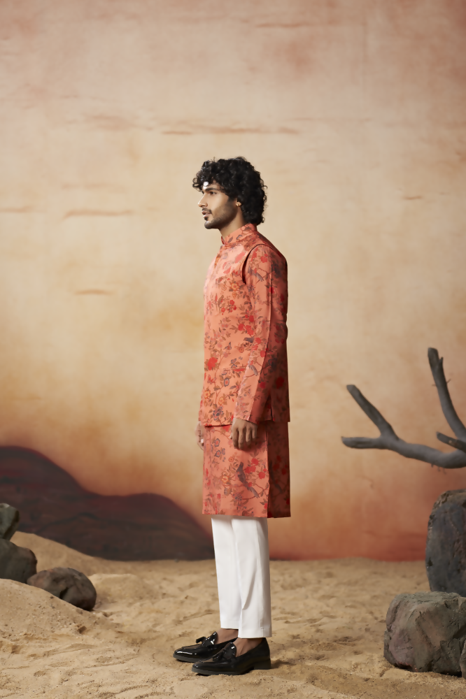 Buy Floral Jal Print Silk Nehru Jacket Set by Hilo Design Online At Low ...