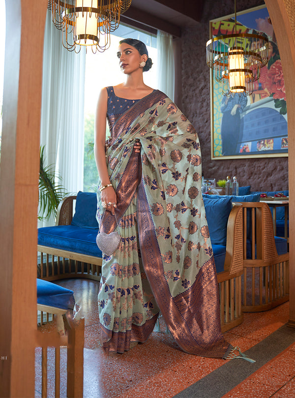 Buy Monjolika Fashion Light Blue Color Organza Weaving Print Saree ...