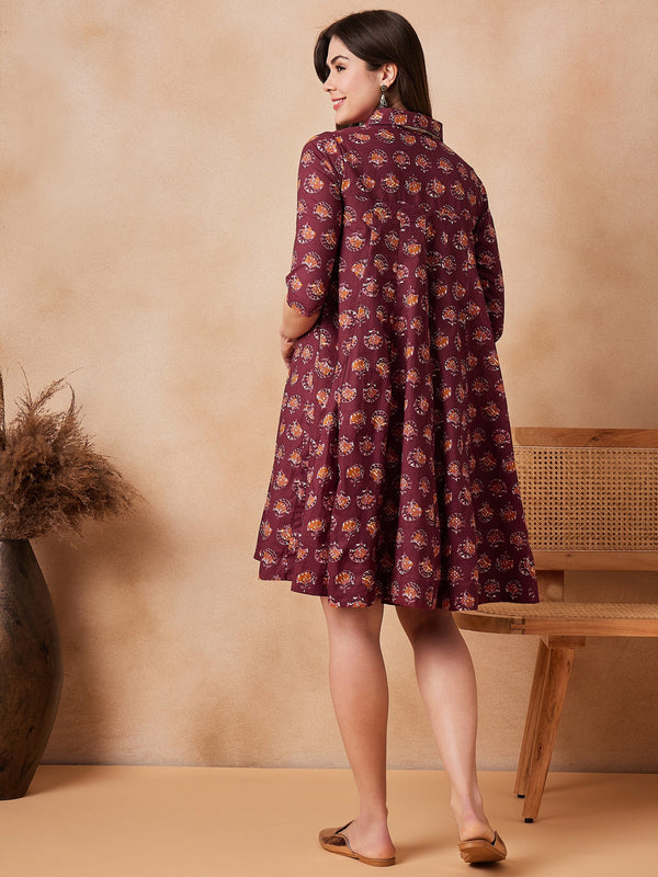 Buy InWeave Burgundy Floral Boota Print Flared Dress Online At Low Price