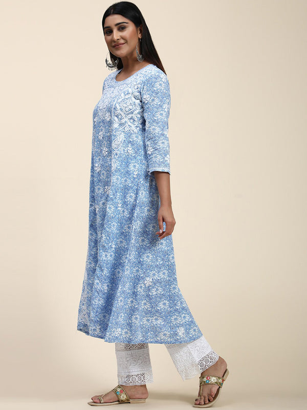Buy HOUSE OF KARI Floral Embroidered Chikankari Cotton Anarkali Kurta ...