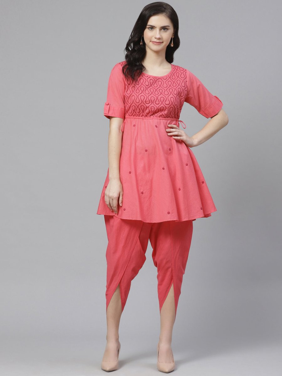 Buy ADA Women Pink Chikankari Embroidered Sustainable Kurti with Dhoti ...