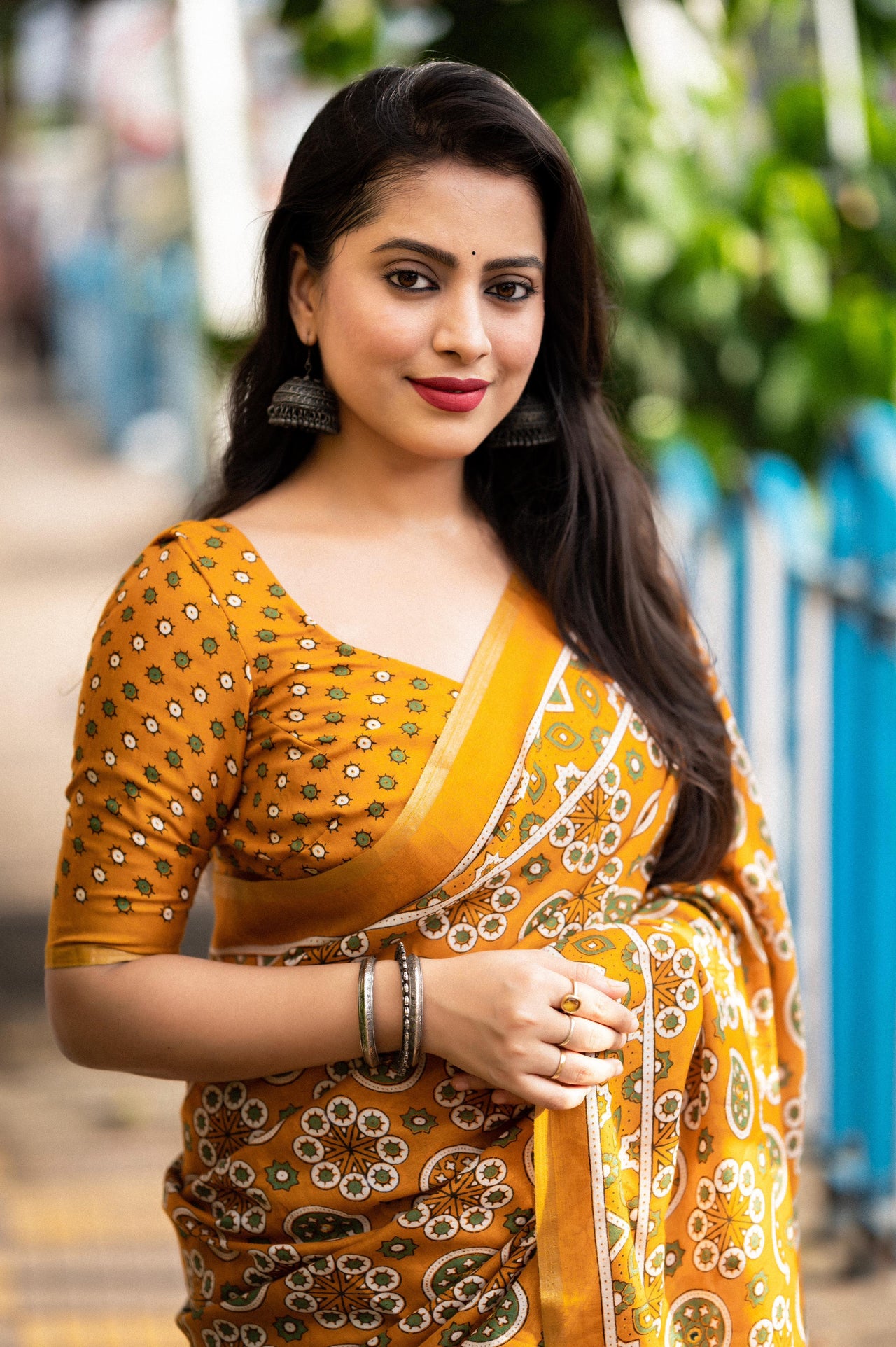 Buy Mustard Cotton Blend Ajrak Saree with Unstitched Blouse - Hiral ...