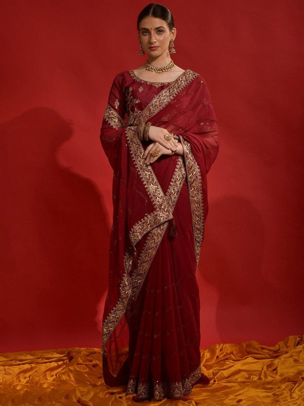 Buy Anouk Maroon & Gold-Toned Embellished Embroidered Pure Georgette ...