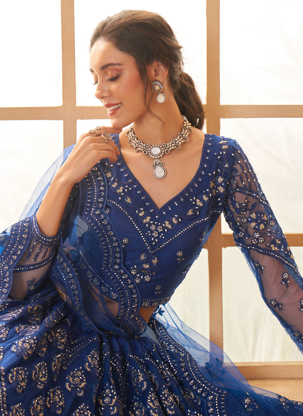 Buy Vegaa Fashion Blue Net Thread Work Wedding Lehenga Online At Low Price