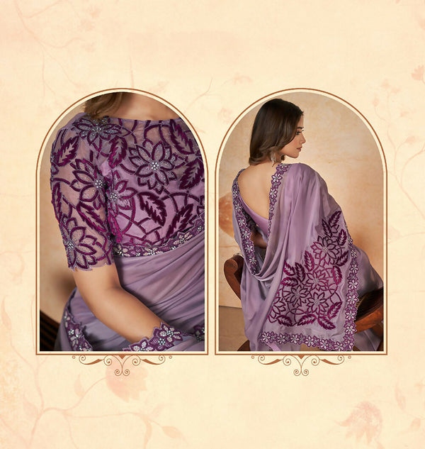 Buy Purple Crepe Satin Silk Sequence & Cord Embroidered with Stone Work ...