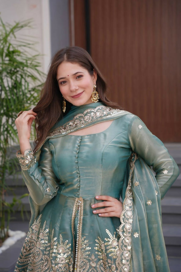 Buy Teeya Creation Teal Color Fendy Satin Silk Embroidery Work party ...