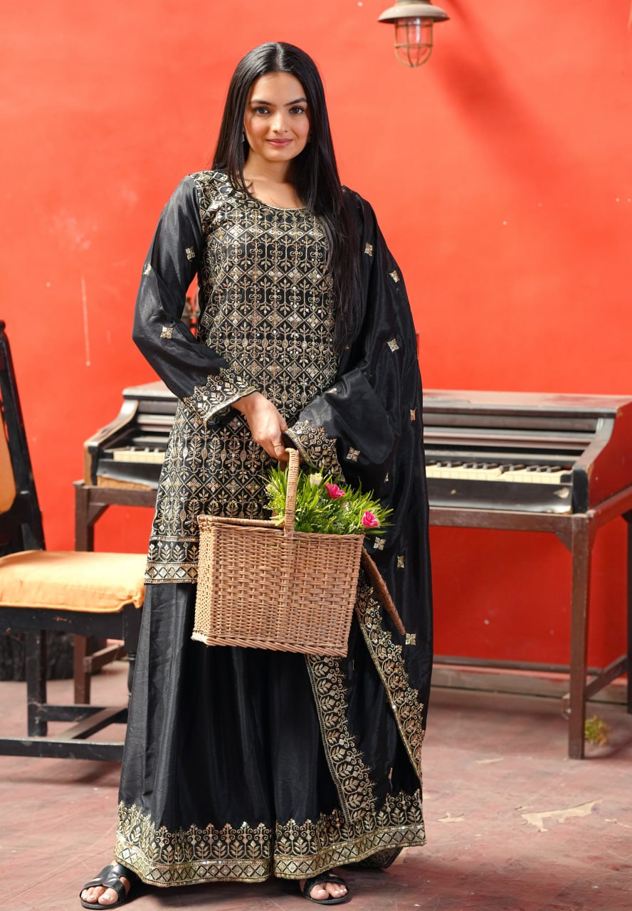 Buy Teeya Creation Black Color Chinnon Silk Heavy Embroidery Work Fully ...