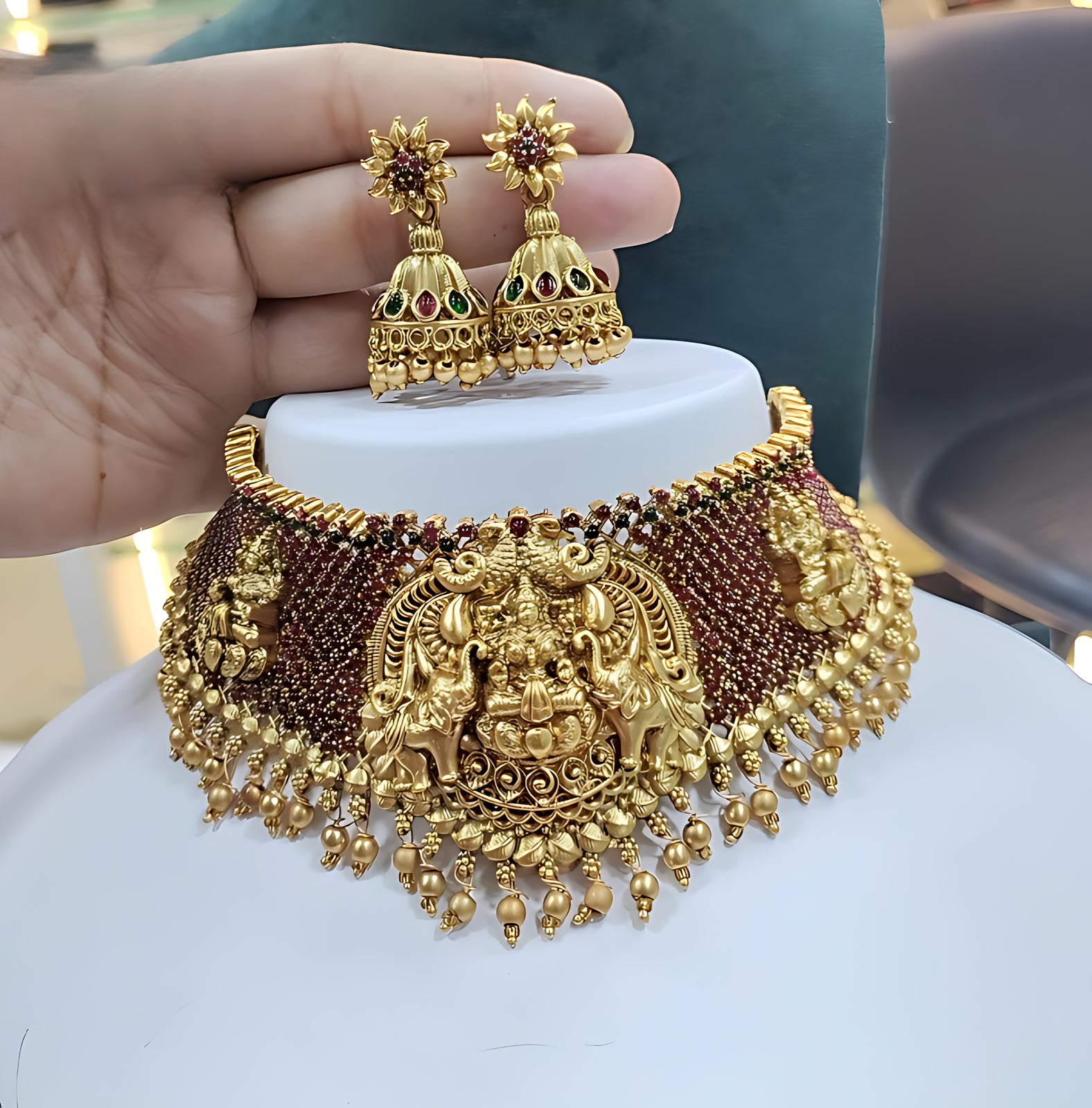 Buy Jewel City Antique Gold Temple Lakshmi Choker Set with Ruby ...