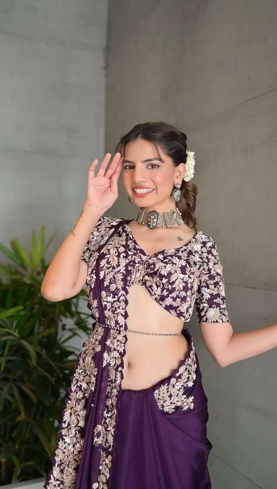 Preksha Creation Purple Women Designer Saree On Jimmy Chu Fabric