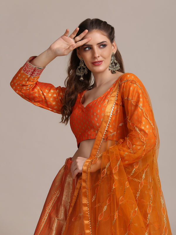 Buy Jyoti Fashion Women's Orange Jacquard Silk Gold Woven Work Lehenga ...