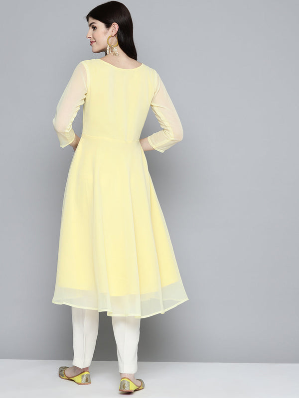 Buy Jompers Women's Embroidered yok flared georgette kurta - Yellow ...