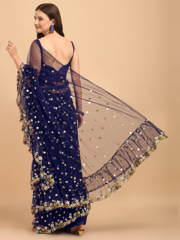 Buy Lorenvalley Fashion Blue Butterfly Net Ruffle Saree with Fancy ...