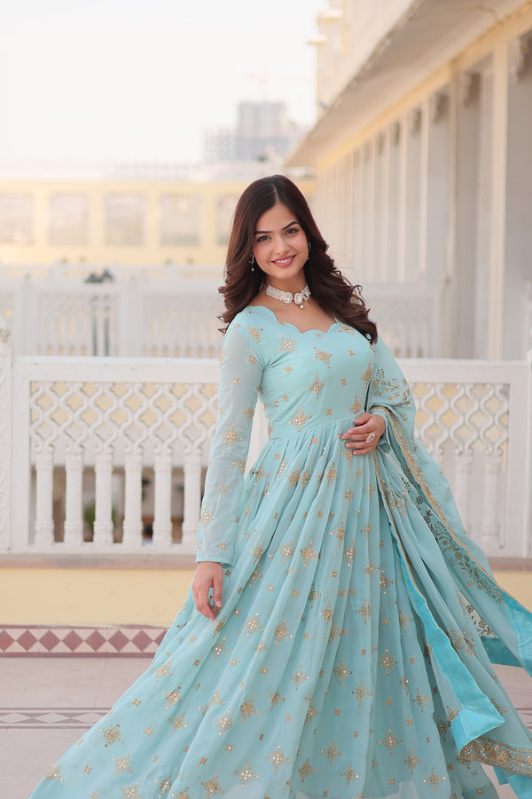 Buy Teeya Creation Sky Color Faux Georgette Beautiful Embroidery Work ...