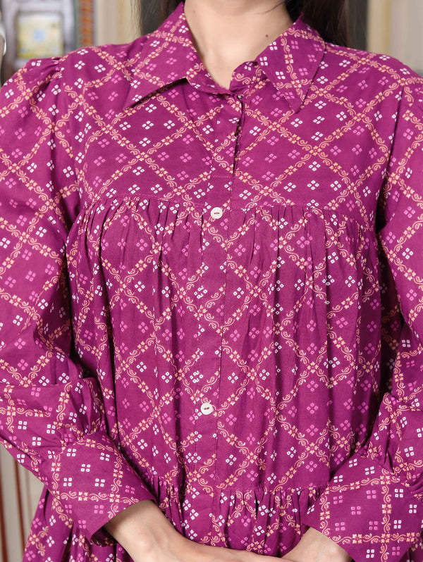 Buy Miravan Women's Magenta Pure Cotton Long Puff Sleeve Gathered ...