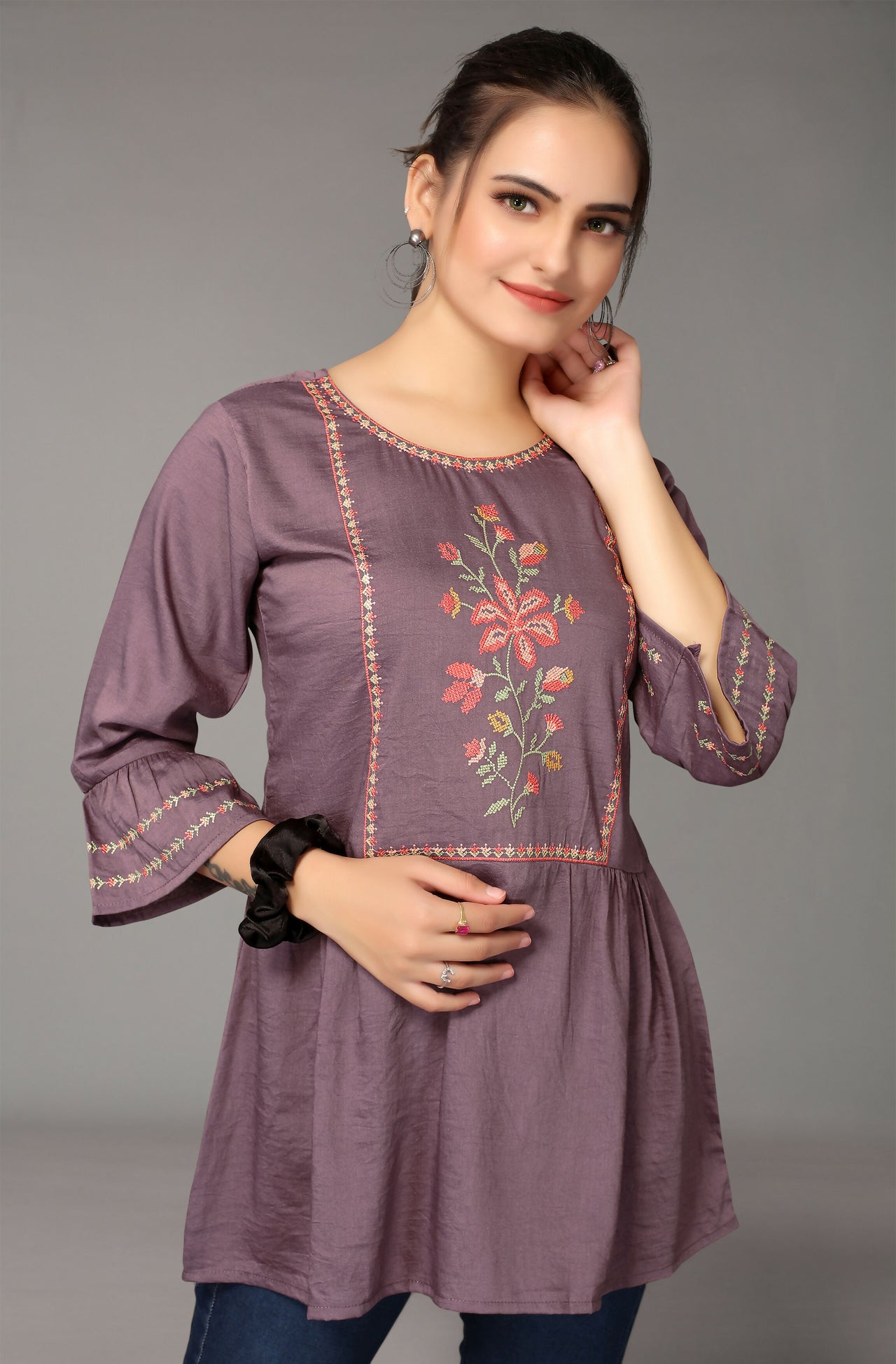 Buy Women's Purple Viscose blend Embroidered Short Top - Marina Online ...