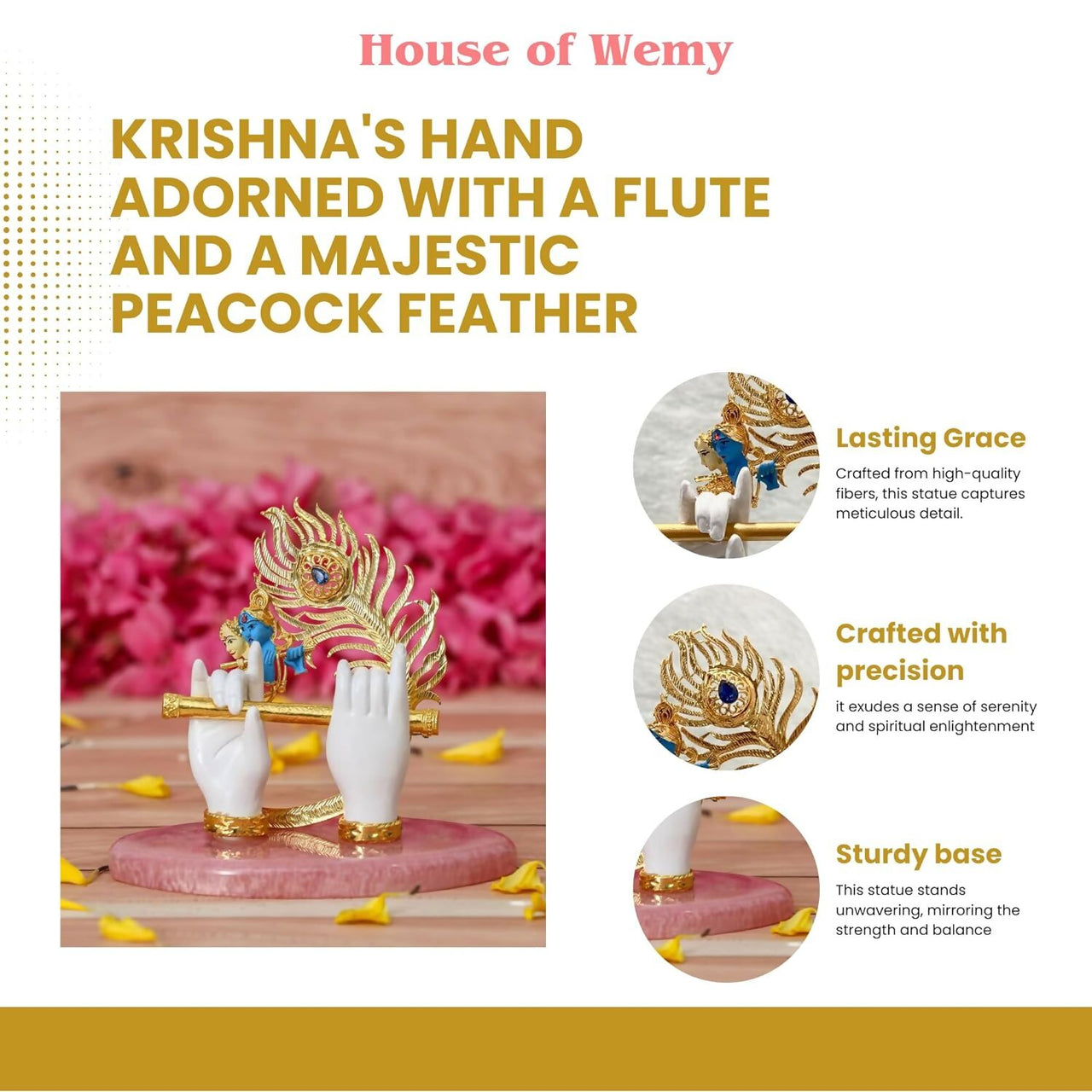 House Of Wemy Gold Plated Lord Krishna Hands Idol with Flute, Face and
