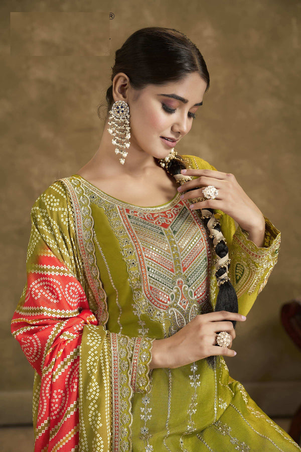 Buy Aarshi Fashions Light Green Embroidered Bandhani Dhoti Wedding Suit ...