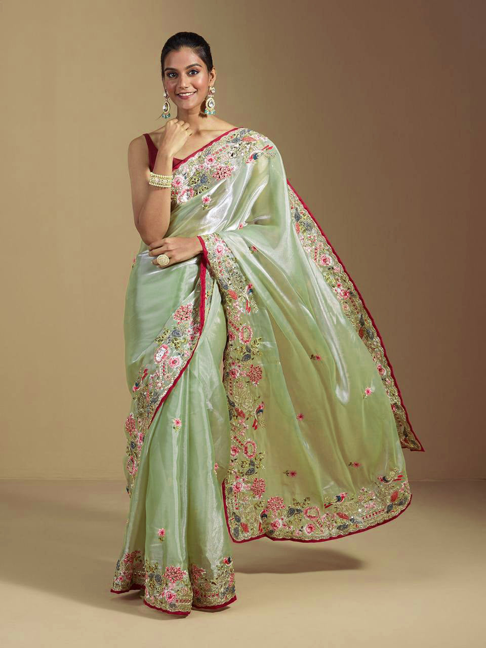 Buy Teeya Creation Green Color Organza Silk Heavy Work Saree Online At ...