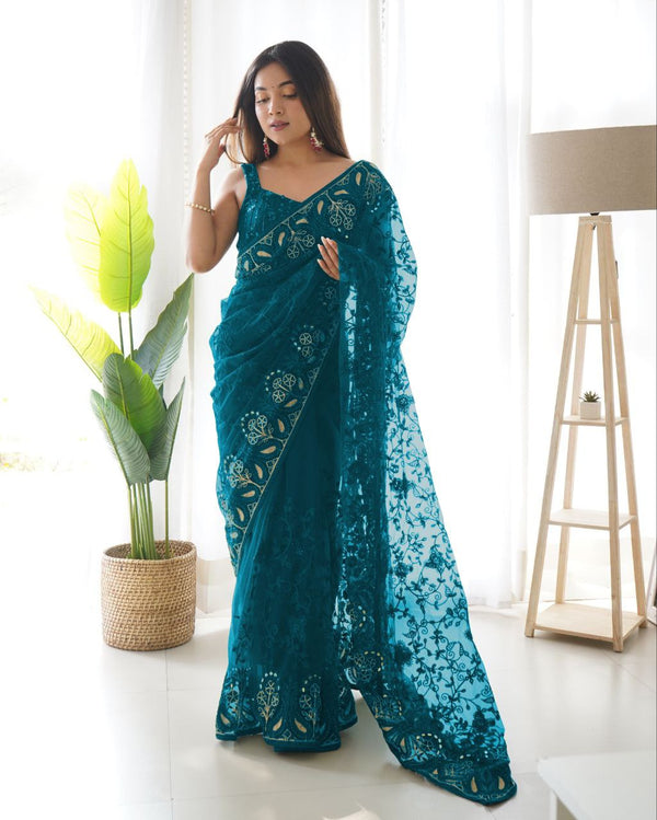 Buy Teeya Creation Sky Color Butterfly Net Heavy Zari Work Ston And ...