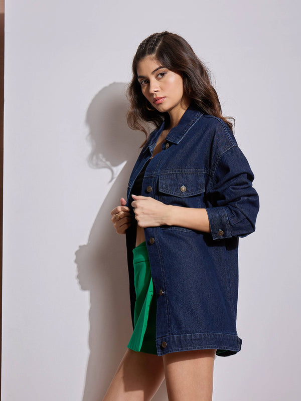 Buy Lyush Women Navy Blue Denim Back Heart Patch Shacket Online At Low ...