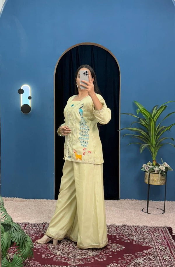 Buy Teeya Creation Cream Color Shimmer Silk Embroidery Work Fully ...