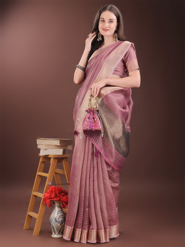 Buy Astita Pink Organza Saree with Gold Checked Design - Elegant ...