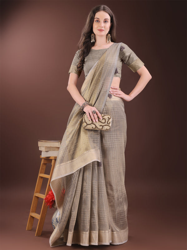 Buy Astita Beige Organza Saree with Gold Checked Design - Elegant ...