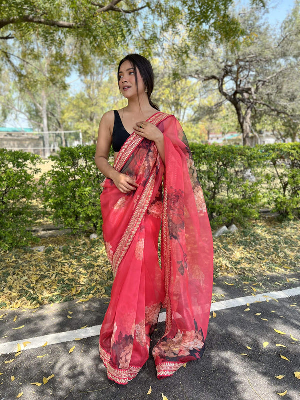 Buy Vamsee Kali Patti Red Organza Saree Online at Best Price | Distacart