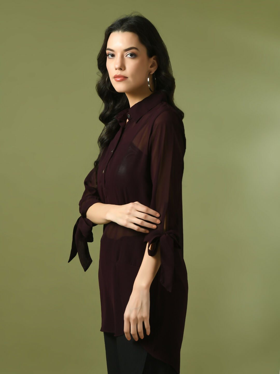 Buy Myshka Women's Coffee Brown Solid Georgette Longline Party Sheer ...