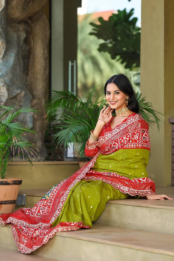 Buy Teeya Creation Olive Color Mercerized New Sigma Silk Ikkat Saree ...