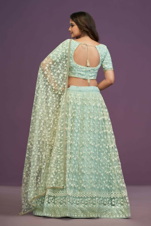 Buy Pista Green Soft Net Thread Sequence Embroidery Work Lehenga Choli ...