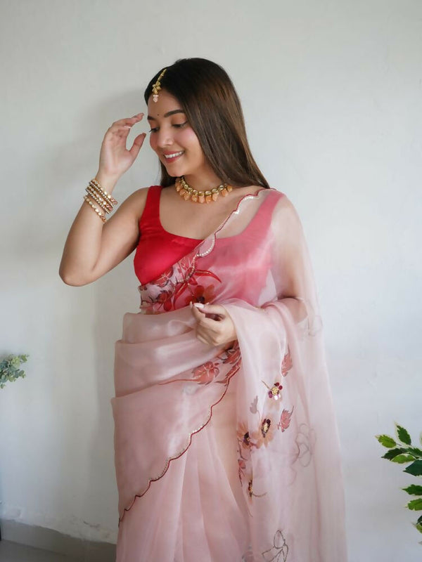 Buy Vamsee Mudra Peach Organza Saree Online At Low Price