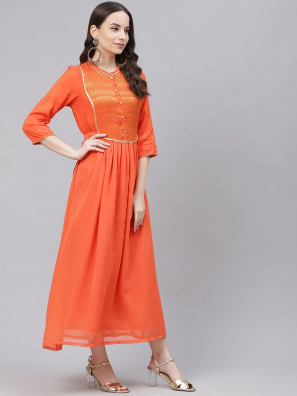 Buy AURELIA Orange & Golden Yoke Design Maxi Dress Online At Low Price