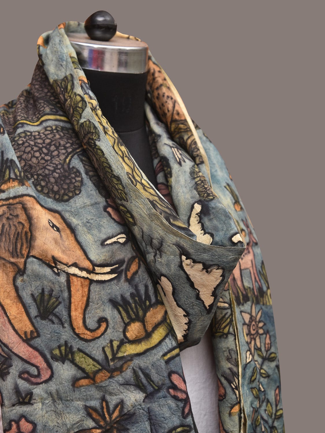 Buy Blue Kalamkari Hand Painted Sico Stole with Animals Design - Global ...