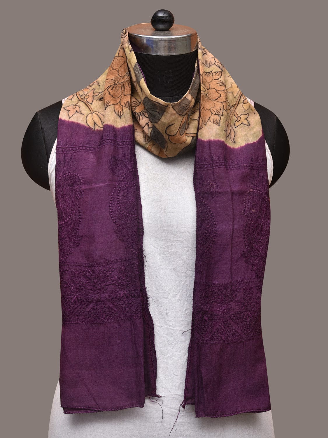 Buy Cream and Purple Kalamkari Hand Painted Sico Stole with Floral and ...
