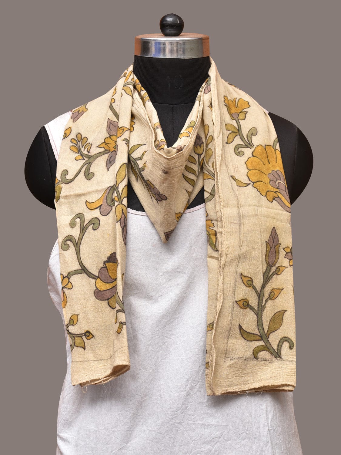Buy Cream Kalamkari Hand Painted Cotton Handloom Stole with Floral and ...