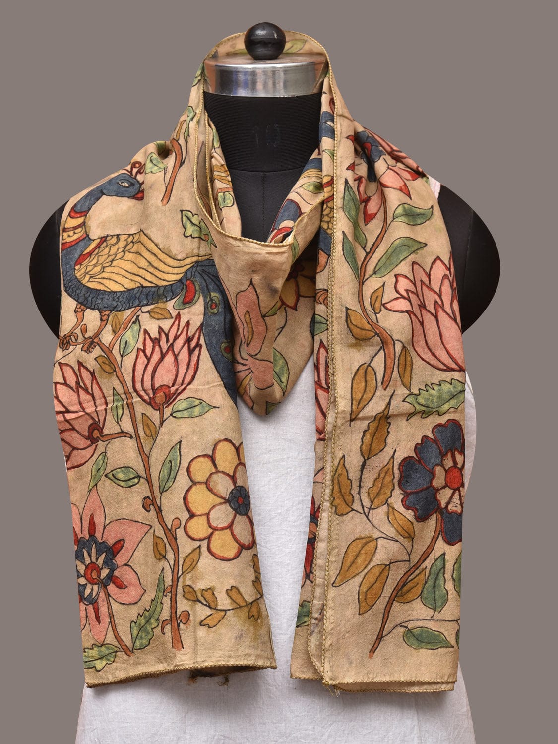Buy Cream Kalamkari Hand Painted Sico Stole with Floral and Peacocks ...