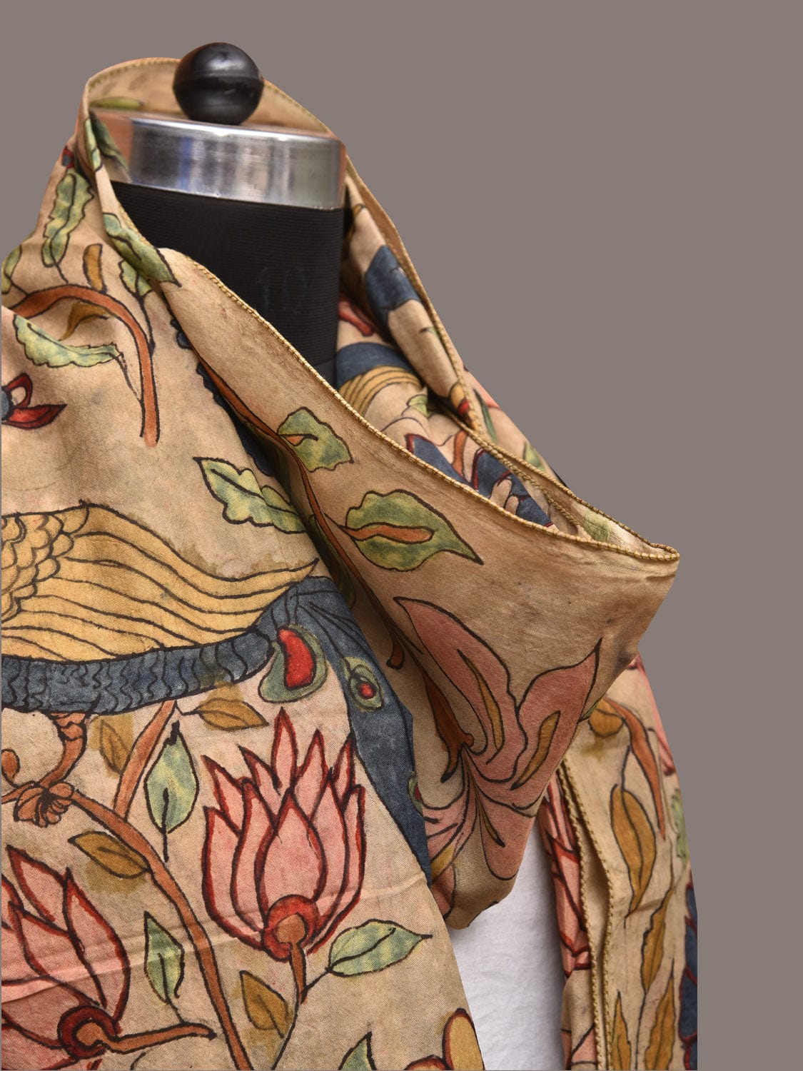 Buy Cream Kalamkari Hand Painted Sico Stole with Floral and Peacocks ...