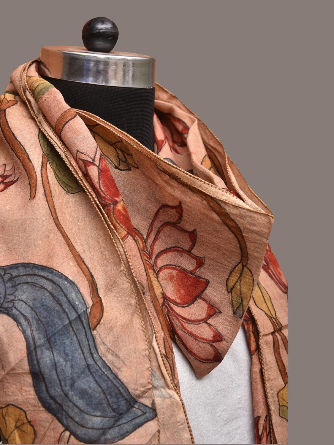 Buy Cream Kalamkari Hand Painted Sico Stole with Lotus and Peacocks ...