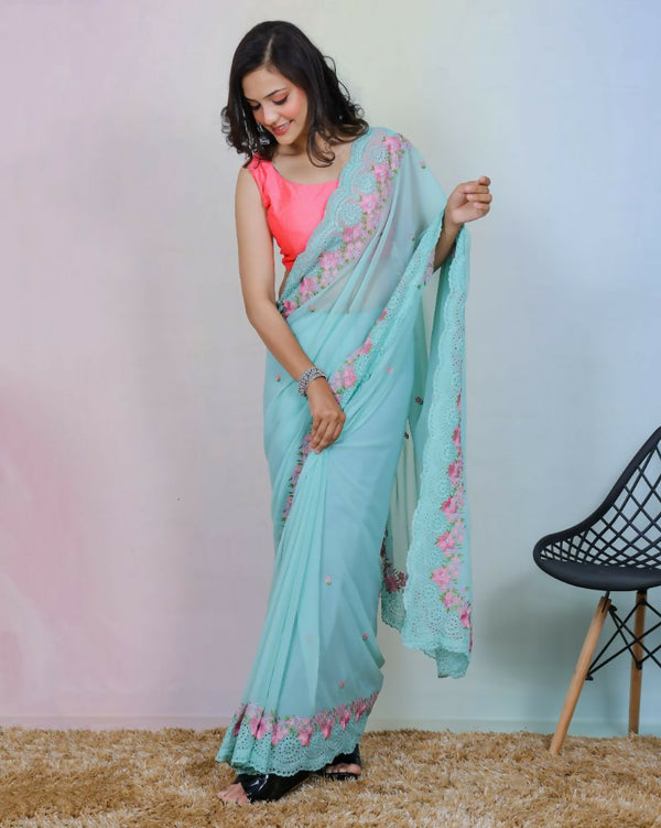 Buy Vamsee Rashmika Blue Georgette Saree Online At Low Price