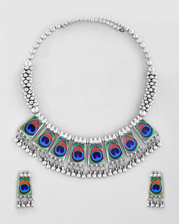 Buy VOJ Silver Plated Oxidized Peacock Print Hasli with Earring Set ...