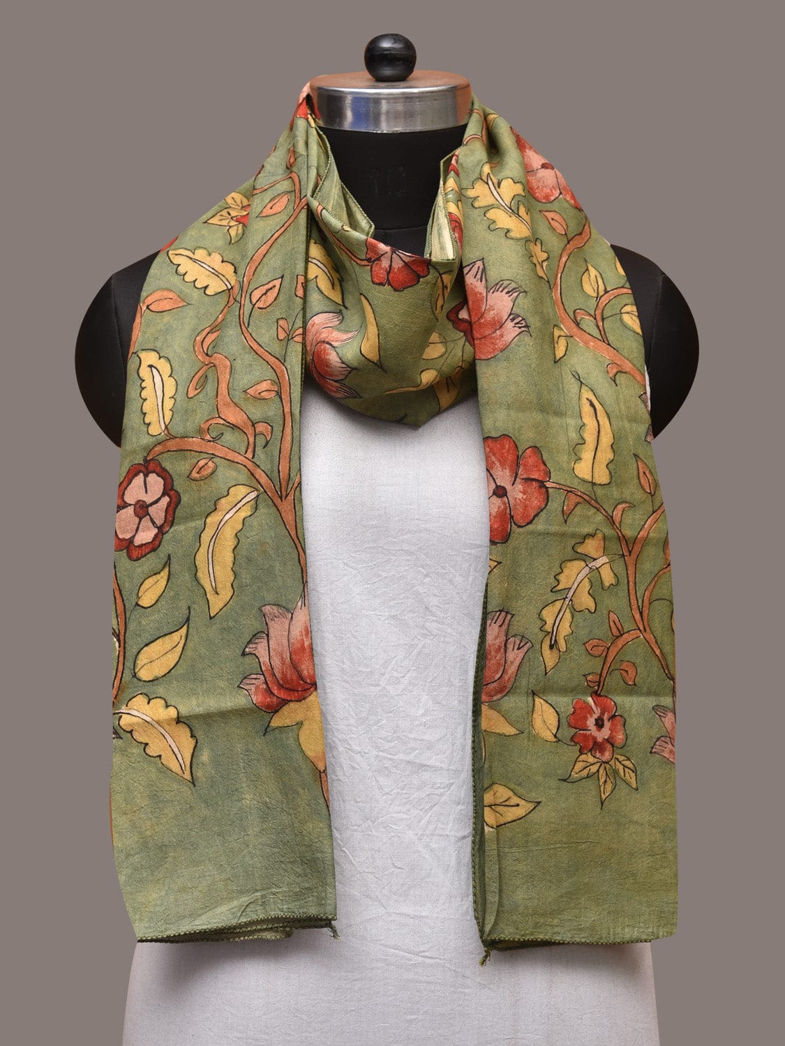 Buy Green Kalamkari Hand Painted Sico Stole with Floral Design - Global ...