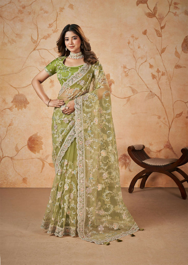 Buy Green Net Sequence & Cord Embroidered Saree - Mohmanthan Dakshika ...