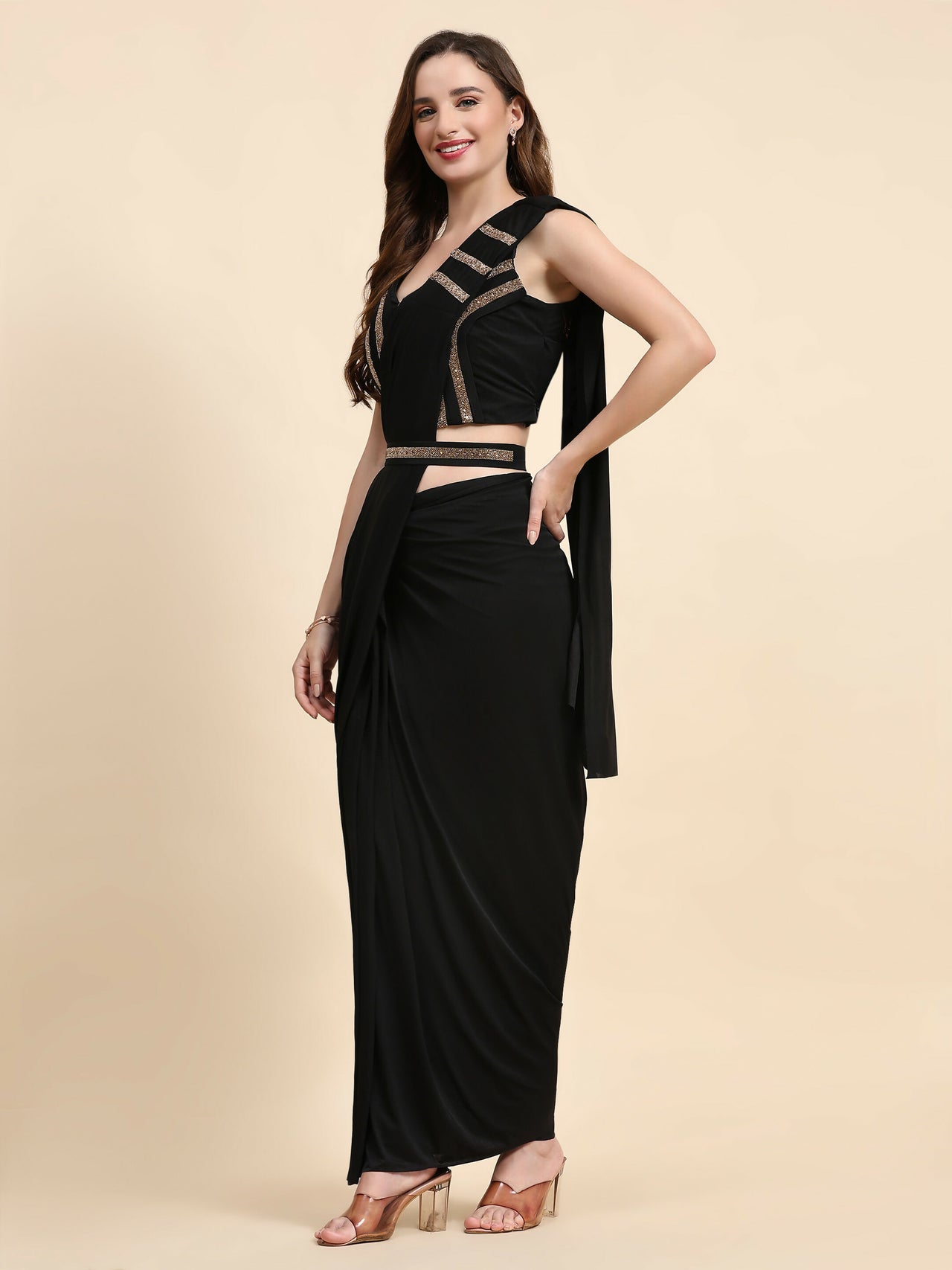 Buy Black Polyester Solid Ready to Wear Saree with stitched Blouse ...