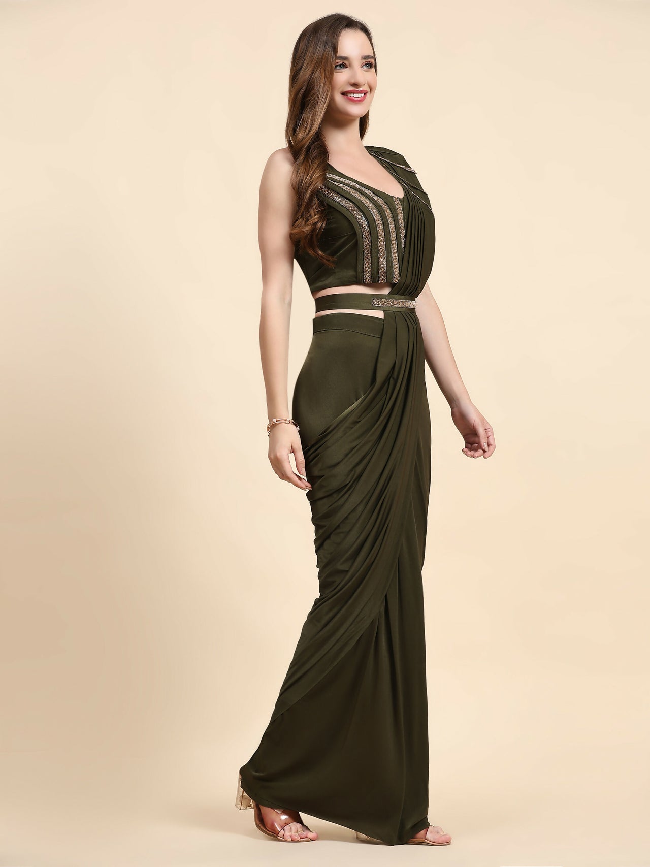 Buy Green Polyester Solid Ready to Wear Saree with stitched Blouse ...