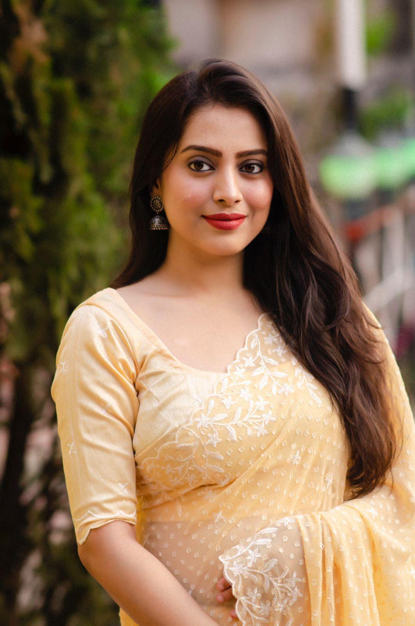 Buy Yellow Pure Chiffon Woven Design Saree with Unstitched Blouse - A2M Online at Best Price ...